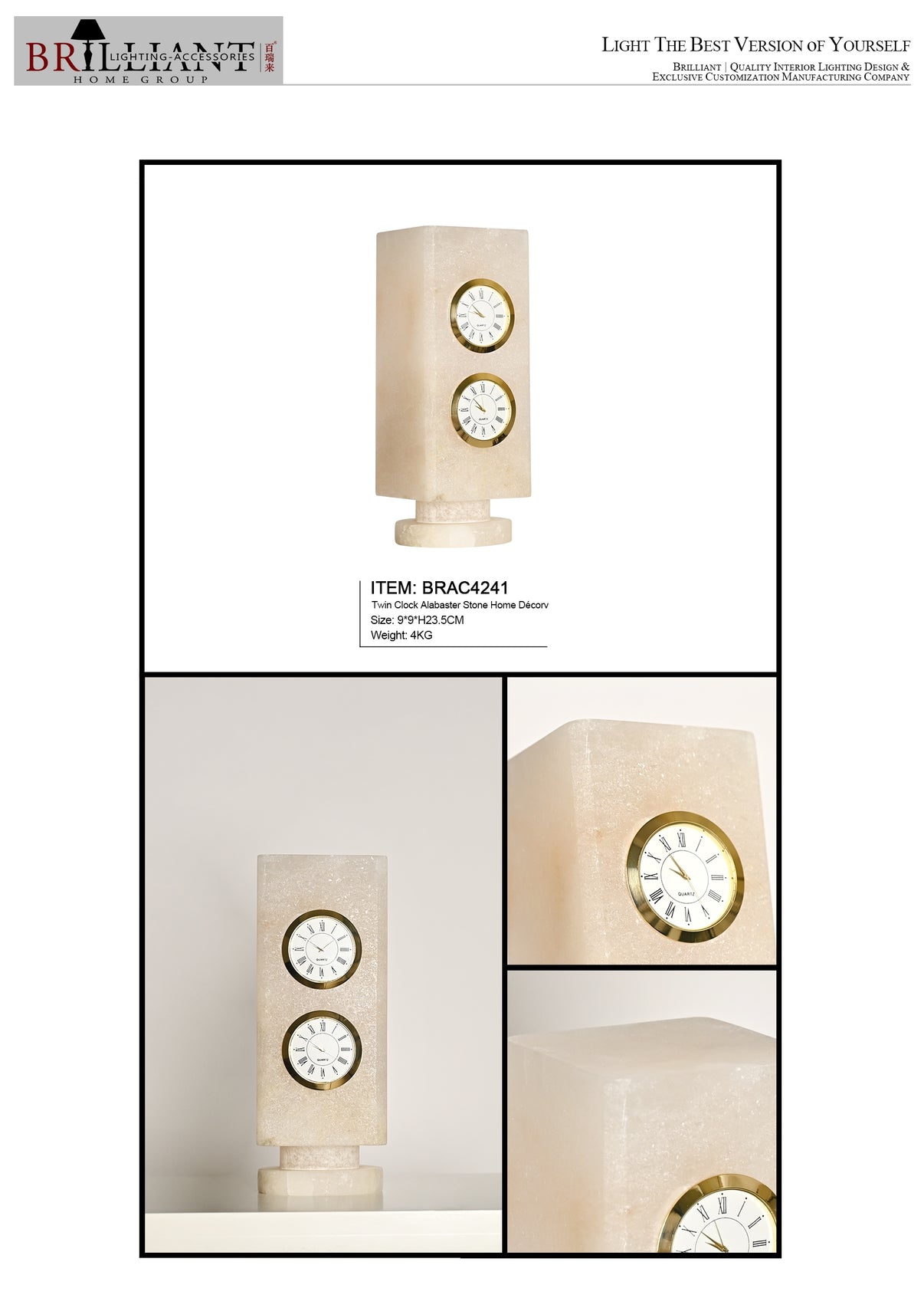 BRAC4241 Twin Clock Alabaster Stone Home Décor | Modern Minimalis | Al ...
